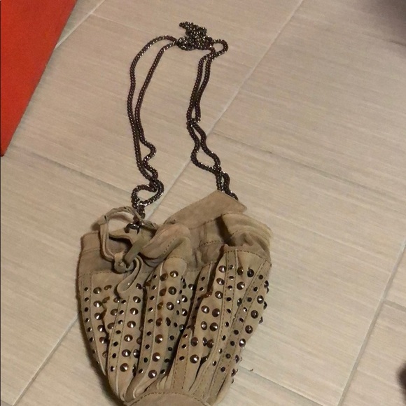 Bags | Zara Mini Taupe Suede Studded Bucket Bag Chain | Poshmark